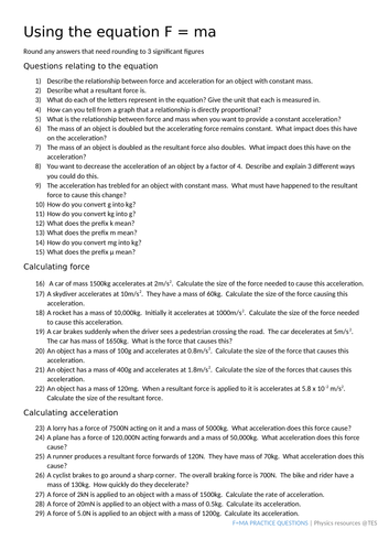 F = ma practice questions and answers | Teaching Resources