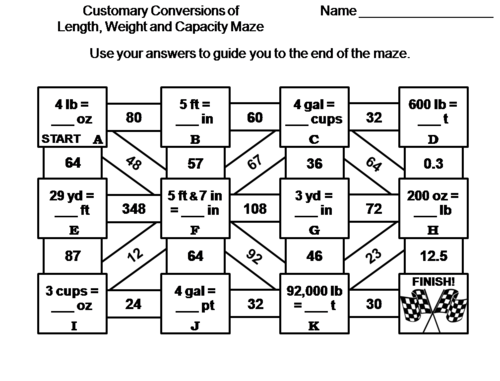 Customary Conversions of Length, Weight and Capacity: Math Maze ...