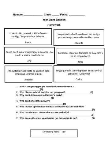 Spanish Invitations and excuses homework | Teaching Resources