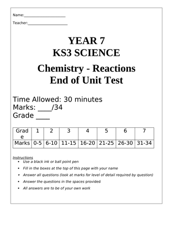 AQA KS3 YEAR 7 - CHEMISTRY - REACTIONS | Teaching Resources