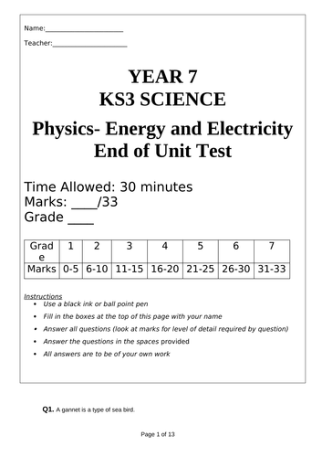 AQA KS3 YEAR 7 - PHYSICS - ENERGY & ELECTROMAGNETS | Teaching Resources