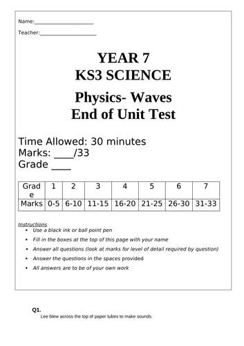 AQA KS3 YEAR 7 - PHYSICS - SOUND & LIGHT WAVES | Teaching Resources
