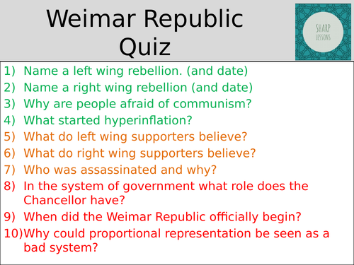 GCSE Nazi Germany Knowledge Organiser Quiz (Weimar Republic) | Teaching ...