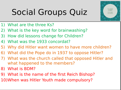 GCSE Nazi Germany Knowledge Organiser Quiz (Social Groups) | Teaching ...