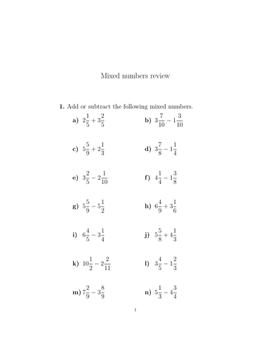 Mixed numbers review worksheet (with solutions) | Teaching Resources