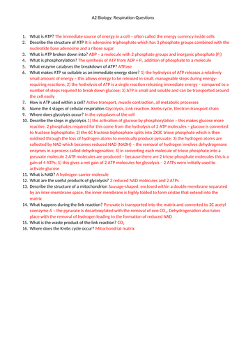 A2 Biology Respiration Questions & Answers | Teaching Resources