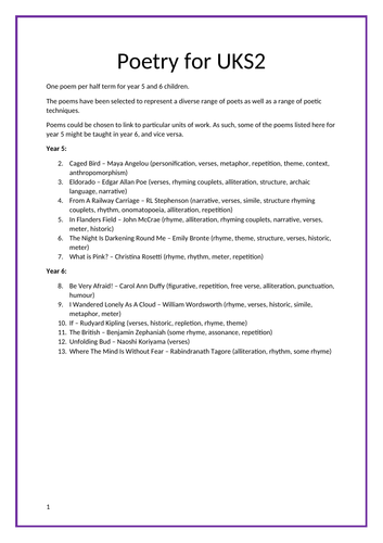 UKS2 Poetry Booklet | Teaching Resources