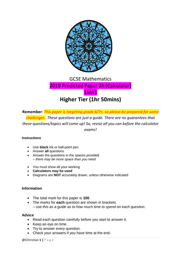 Final GCSE Maths Predicted paper 2 for 2019 | Teaching Resources
