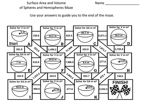Volume and Surface Area of Spheres and Hemispheres Activity: Math Maze ...