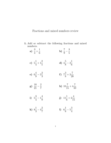 Fractions and mixed numbers review worksheet (with solutions ...