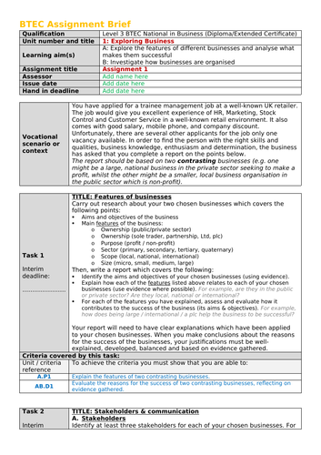 Assignment Briefs for Unit 1: Exploring Business - BTEC Level 3 National in Business (from 2016 ...