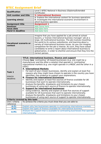 Assignment Briefs for Unit 5: International Business - BTEC Level 3 ...