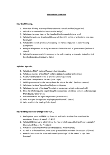 Lesson 5 & 6 - FDR and the New Deal A Level edexcel | Teaching Resources