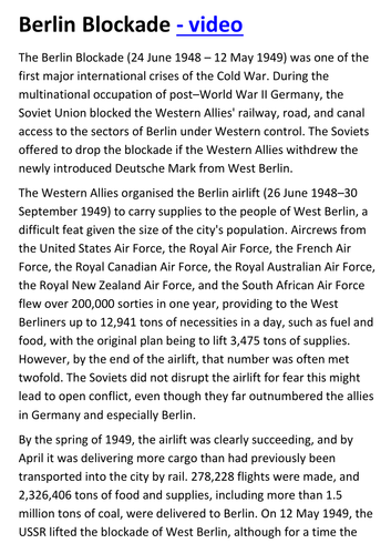 Berlin Blockade Handout | Teaching Resources