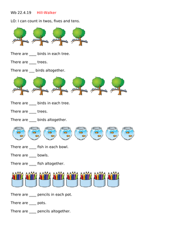 Year 1 Counting in 2s, 5s, 10s differentiated worksheets WHITE ROSE ...