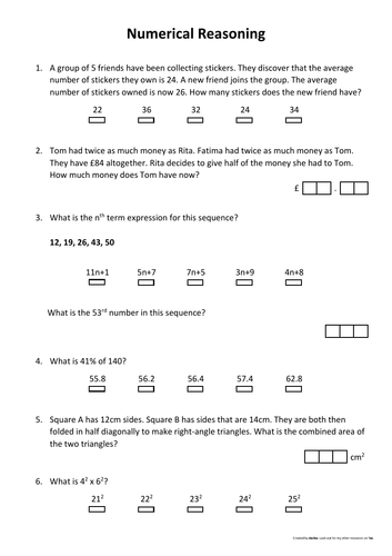 11+ Numerical Reasoning Test 1 (CEM) | Teaching Resources