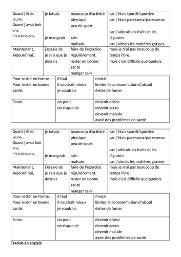 French "Healthy and unhealthy living" sentence builder | Teaching Resources