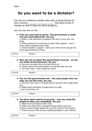 So, you want to be a dictator? Fun quiz/activity on democracy and ...
