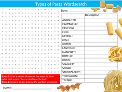 Types of Pasta #2 Wordsearch Sheet Starter Activity Keywords Cover ...