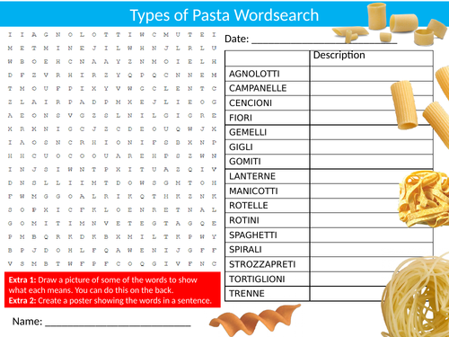 Types of Pasta #2 Wordsearch Sheet Starter Activity Keywords Cover ...