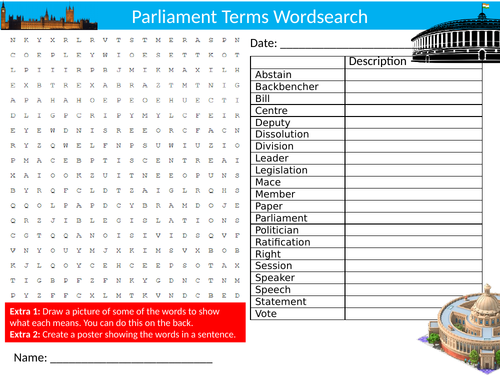 Parliament Terms Wordsearch Sheet Starter Activity Keywords Cover ...