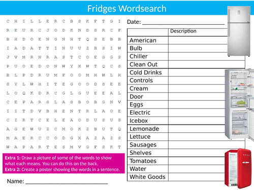 Fridges Wordsearch Sheet Starter Activity Keywords Cover Homework Food ...