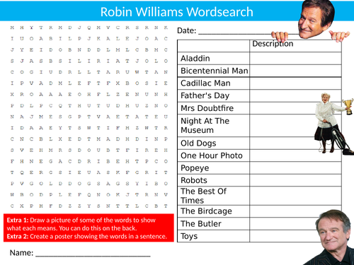 Robin Williams Wordsearch Sheet Starter Activity Keywords Cover ...
