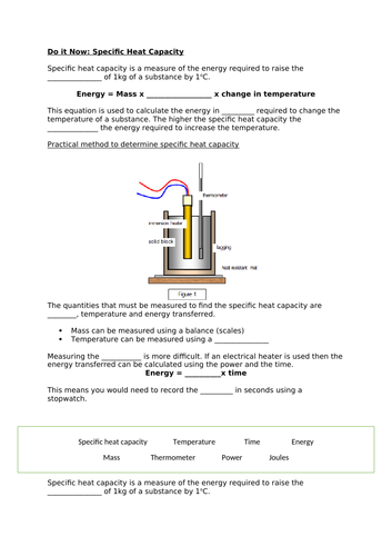 GCSE physics Specific heat capacity recap sheet | Teaching Resources