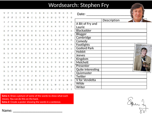 2 x Stephen Fry Wordsearch Sheet Starter Activity Keywords Cover ...