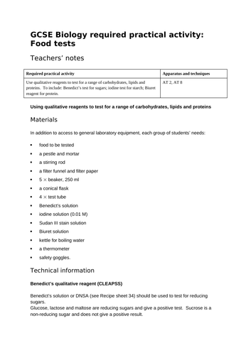 AQA GCSE required practical Food Tests | Teaching Resources