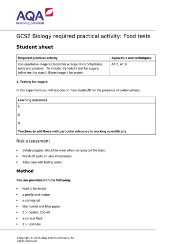 AQA GCSE required practical Food Tests | Teaching Resources
