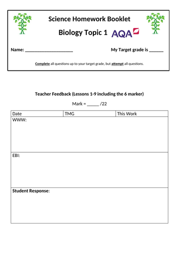 AQA GCSE CELL BIOLOGY HOMEWORK BOOKLET EXAM QUESTIONS | Teaching Resources