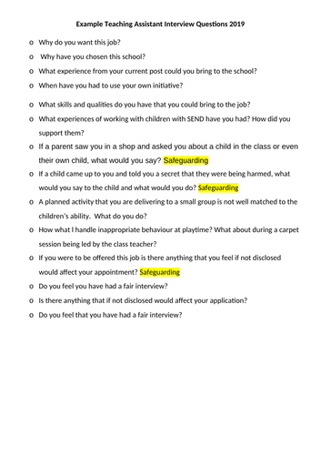 Example Teaching Assistant Interview Questions 2019 | Teaching Resources Example Teaching Assistant Interview Questions 2019 | Teaching Resources