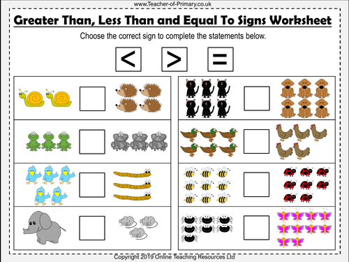 Beginning to Use Greater Than, Less Than and Equal To Signs - Year 1 ...