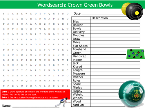 Crown Green Bowling Wordsearch Sheet Starter Activity Keywords Cover ...
