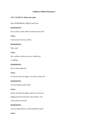 Act 3, Scene 4 - Othello by William Shakespeare | Teaching Resources