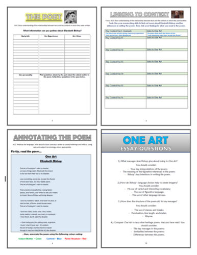 One Art - Elizabeth Bishop - Comprehension Activities Booklet ...