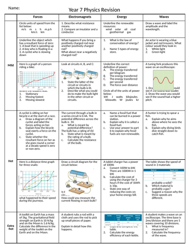 KS3 AQA Activate 1 Physics revision grid | Teaching Resources