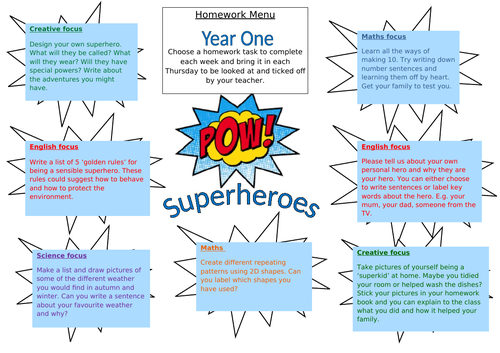 Year 1 Superheroes homework grid | Teaching Resources Year 1 Superheroes homework grid | Teaching Resources