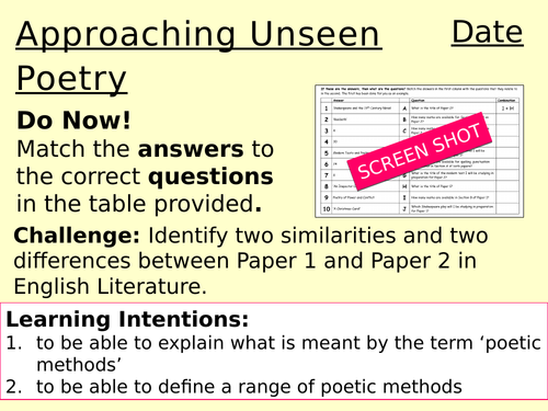 Unseen Poetry Lesson 2 | Teaching Resources