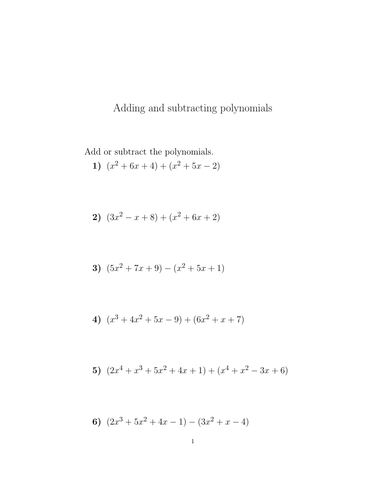 Adding and subtracting polynomials worksheet (with solutions ...