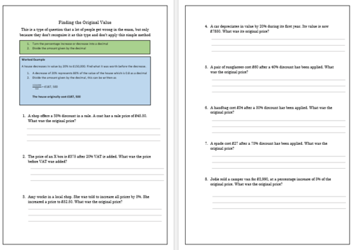 Percentages: Finding the Original Value Worksheet | Teaching Resources