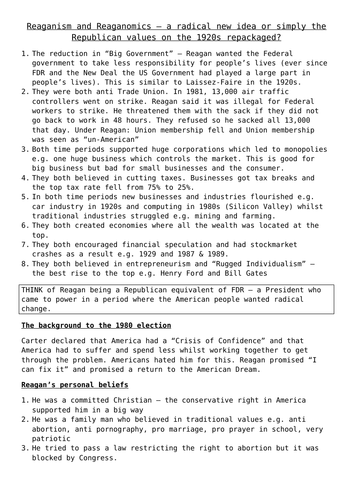 Lesson 1 - introduction to Reagan and Reaganomics | Teaching Resources