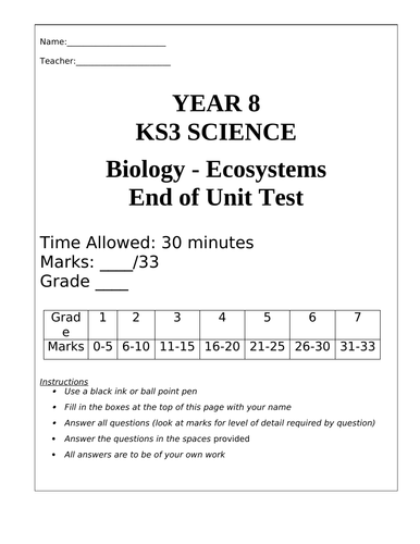 AQA KS3 YEAR 8 - BIOLOGY - ECOSYSTEMS | Teaching Resources