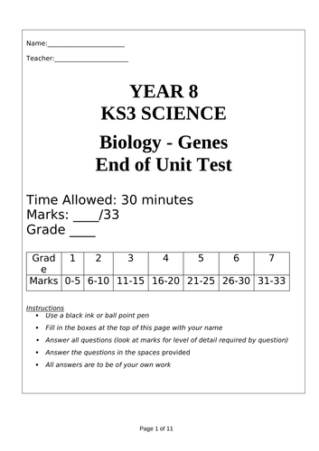 AQA KS3 YEAR 8 BIOLOGY - GENES | Teaching Resources