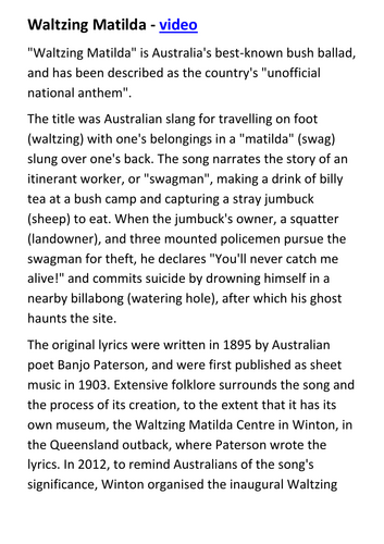 Waltzing Matilda Activity Pack | Teaching Resources