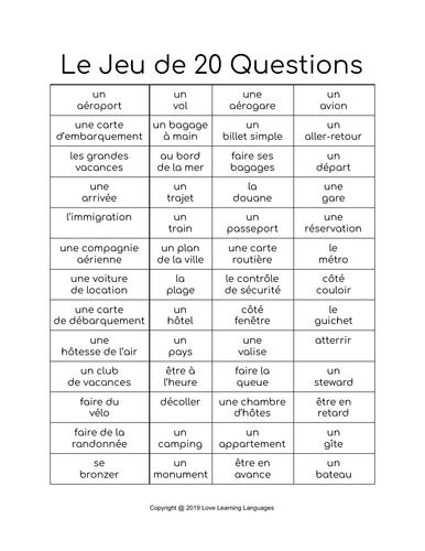 Les Vacances et Les Voyages - French 20 questions game - No prep ...