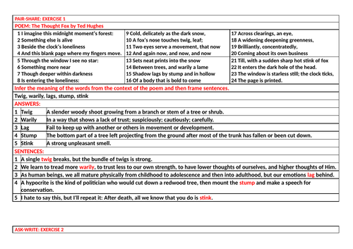 THE THOUGHT FOX BY TED HUGHES - 15 WORKSHEETS WITH ANSWERS | Teaching ...