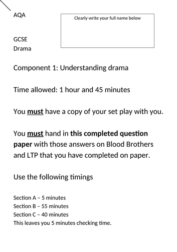 AQA GCSE Drama invented full written paper with Blood Brothers Section ...