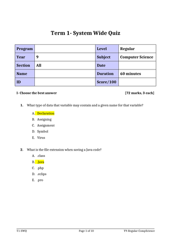 Java Programming test with solution and whole lesson for Year 8 , 9 and ... Java Programming test with solution and whole lesson for Year 8 , 9 and ...